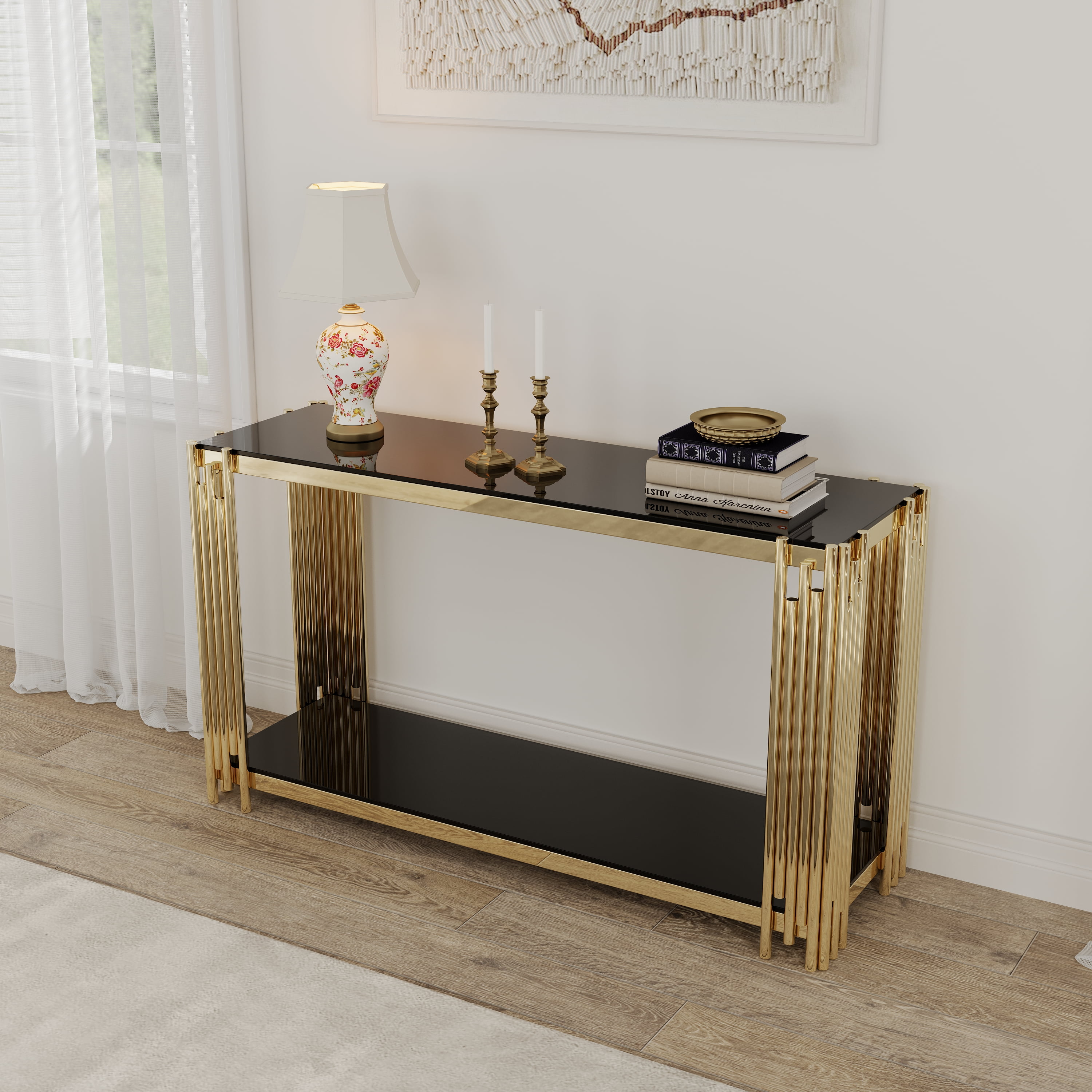 Modern Glass Console Table, 55" Gold Sofa Table with Sturdy Metal Frame ...