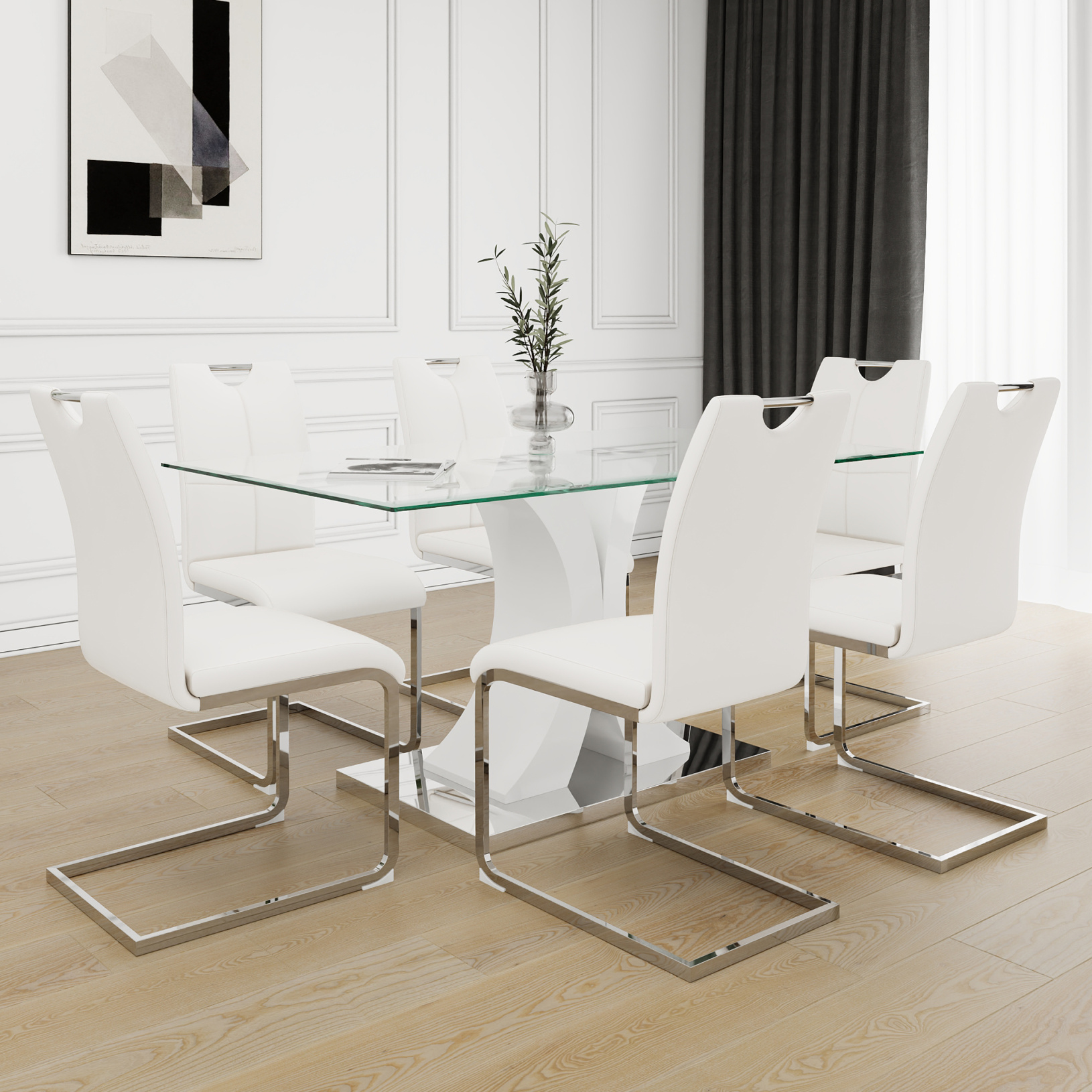 Modern Glass Dining Table with White Chairs Set of 7, Elegant ...