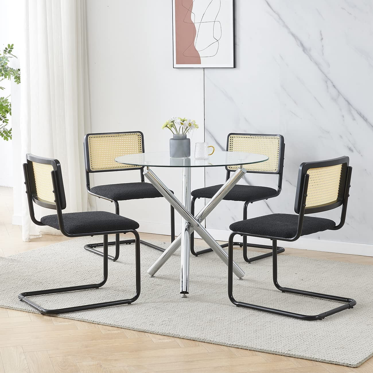 Modern Glass Dining Table and Chairs Set with Rattan Velvet Chairs ...