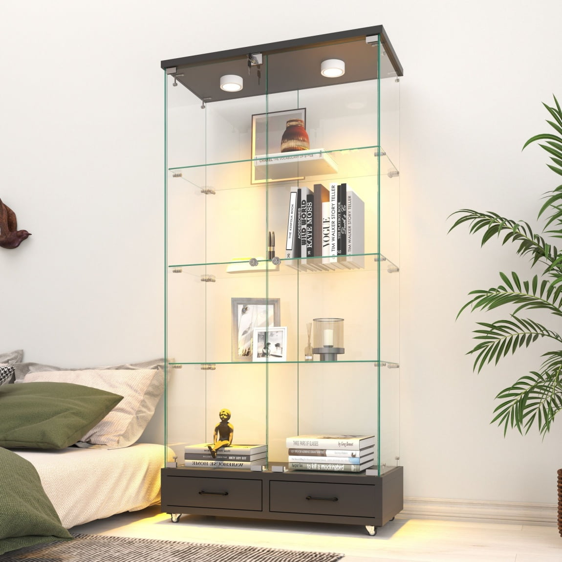 Modern Glass Display Cabinet with 2 Large Locking Drawers & LED ...