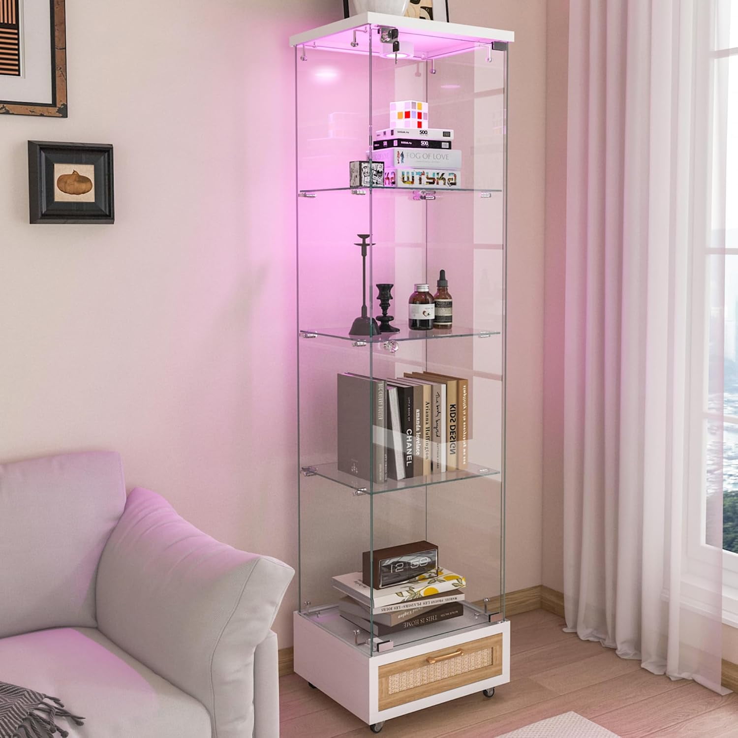 Modern Glass Display Cabinet 4-Shelf with LED Light, Lock and Wheels, 2 ...