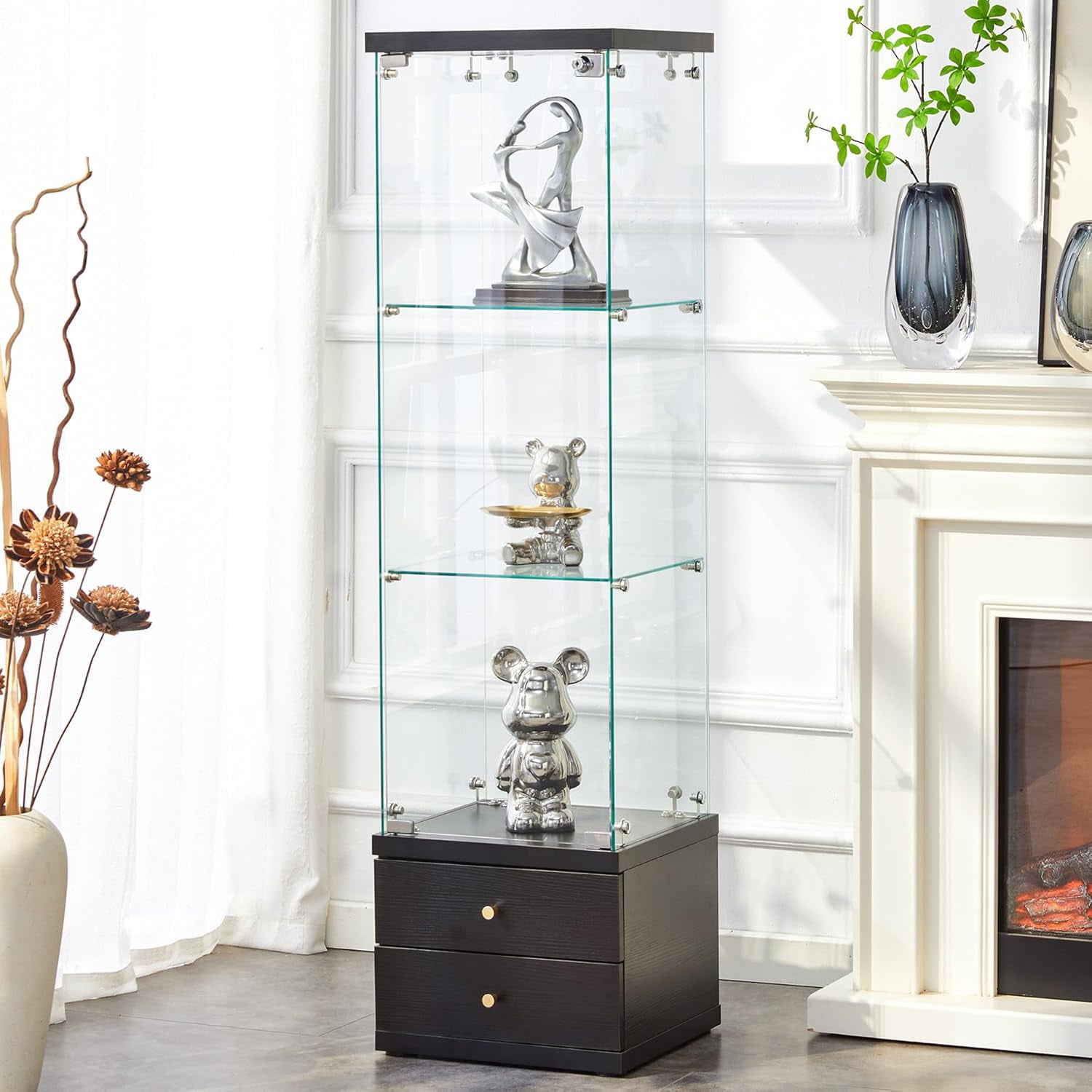 Modern Glass Display Cabinet 4-Shelf with LED Light, Lock and Wheels, 2 ...