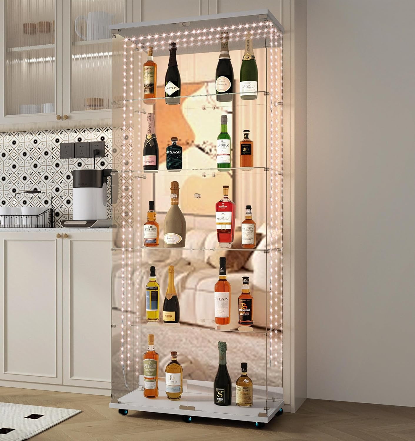 Modern Glass Display Cabinet 4-Shelf with LED Light, Lock and Wheels, 2 ...