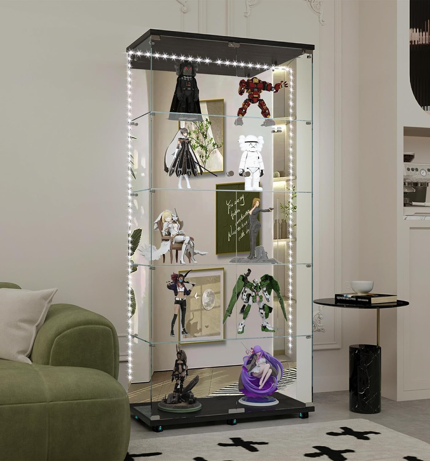 Modern Glass Display Cabinet 4-Shelf with LED Light, Lock and Wheels, 2 ...
