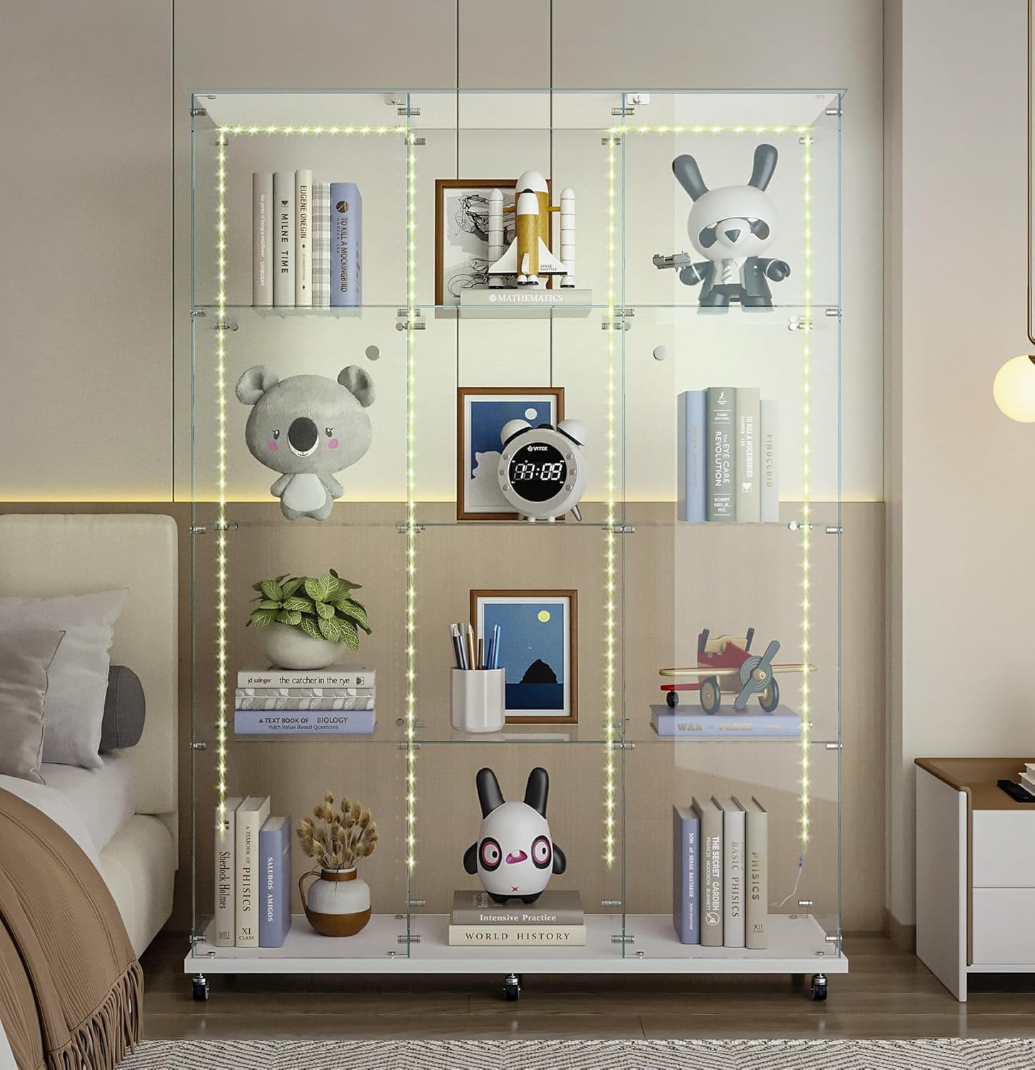 Modern Glass Display Cabinet 4-Shelf with LED Light, Lock and Wheels, 2 ...