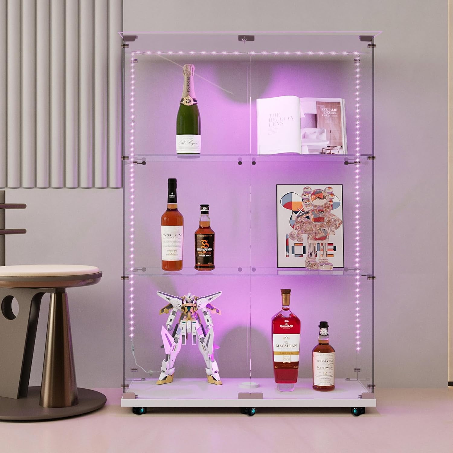 Modern Glass Display Cabinet 4-Shelf with LED Light, Lock and Wheels, 2 ...