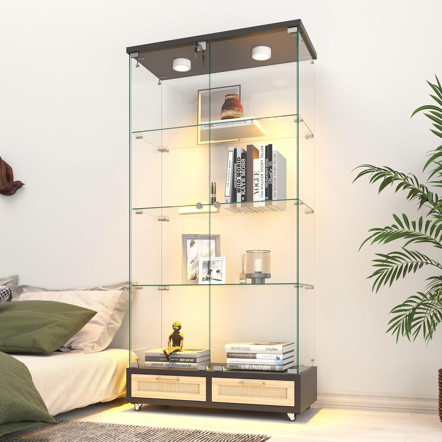 Modern Glass Display Cabinet 4-Shelf with LED Light, Lock and Wheels, 2 ...