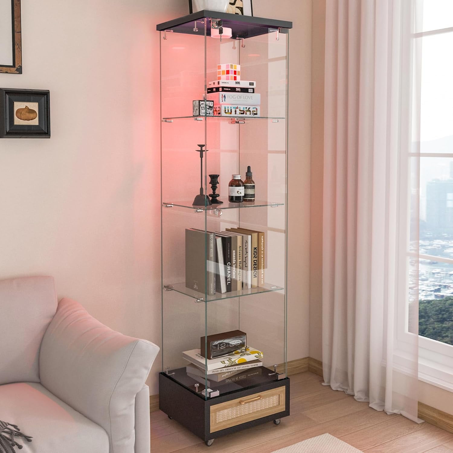 Modern Glass Display Cabinet with LED Light 4-Shelf Curio Cabinets with ...