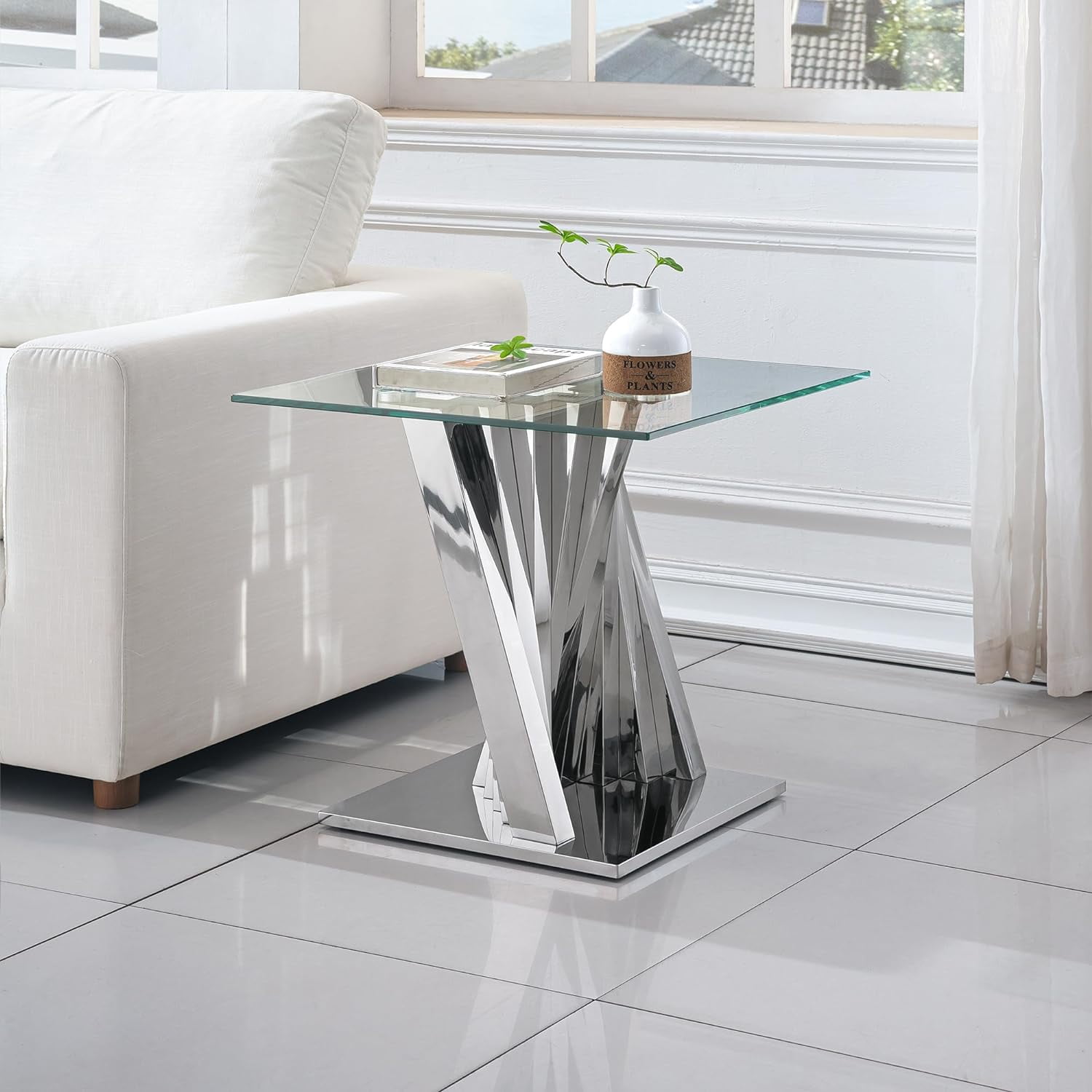 Modern Glass End Table Luxury Silver Side Table with Spiral Mirrored ...