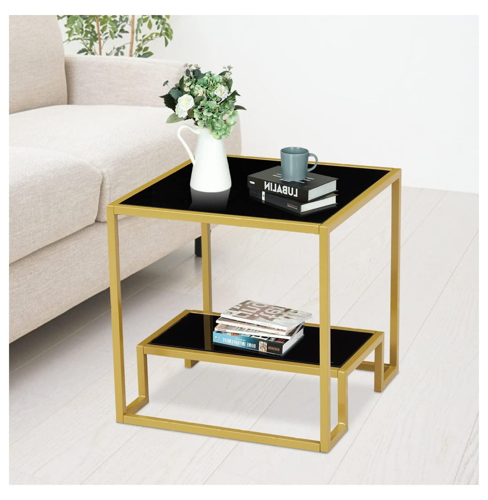 Modern Glass End Table - Square Side Table with Open Storage Shelf ...