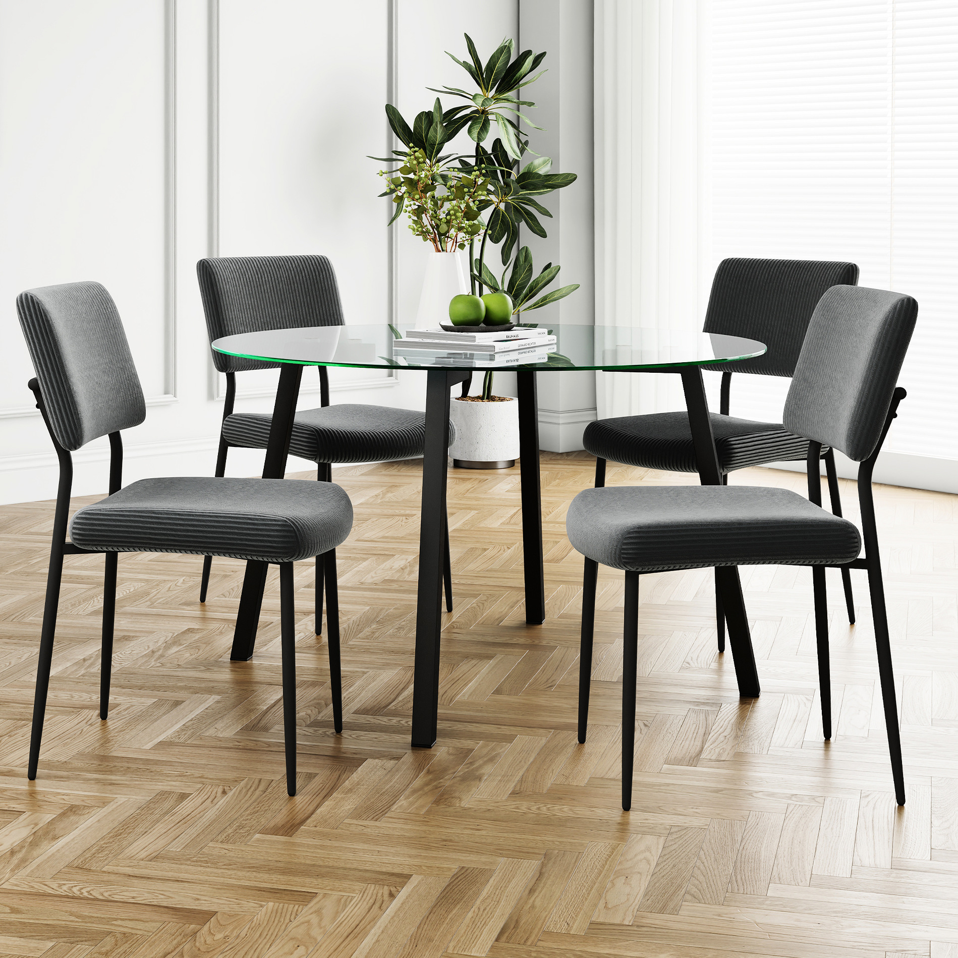 Modern Glass Table And 4 Chairs , Transparent Tempered Top With Black ...