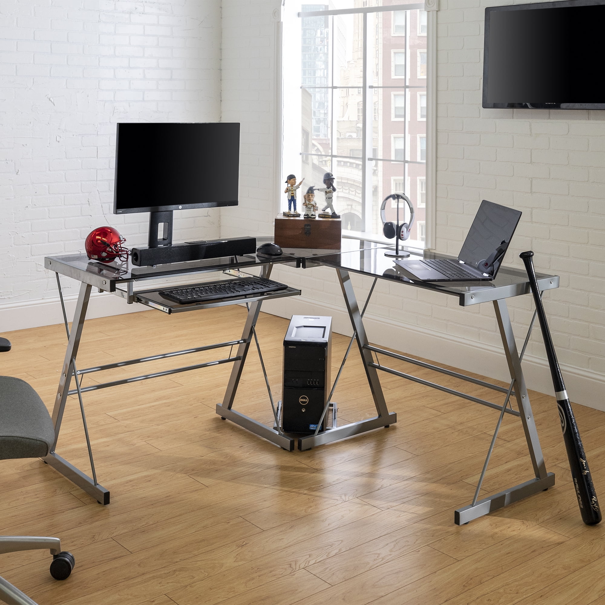 Modern Glass and Metal Smoke L-Shaped Corner Computer Desk by Manor ...