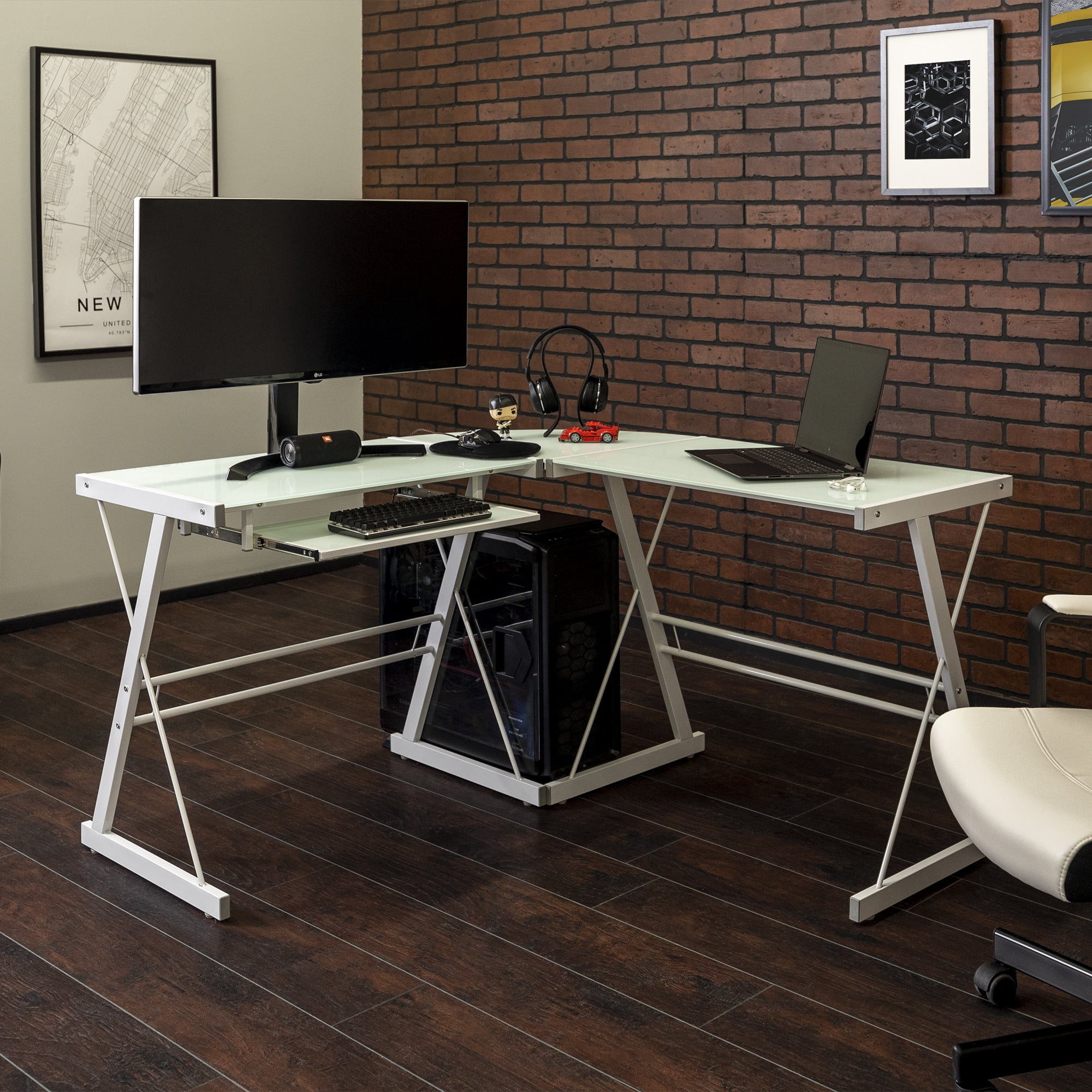 Modern Glass and Metal White L-Shaped Corner Computer Desk by Manor ...