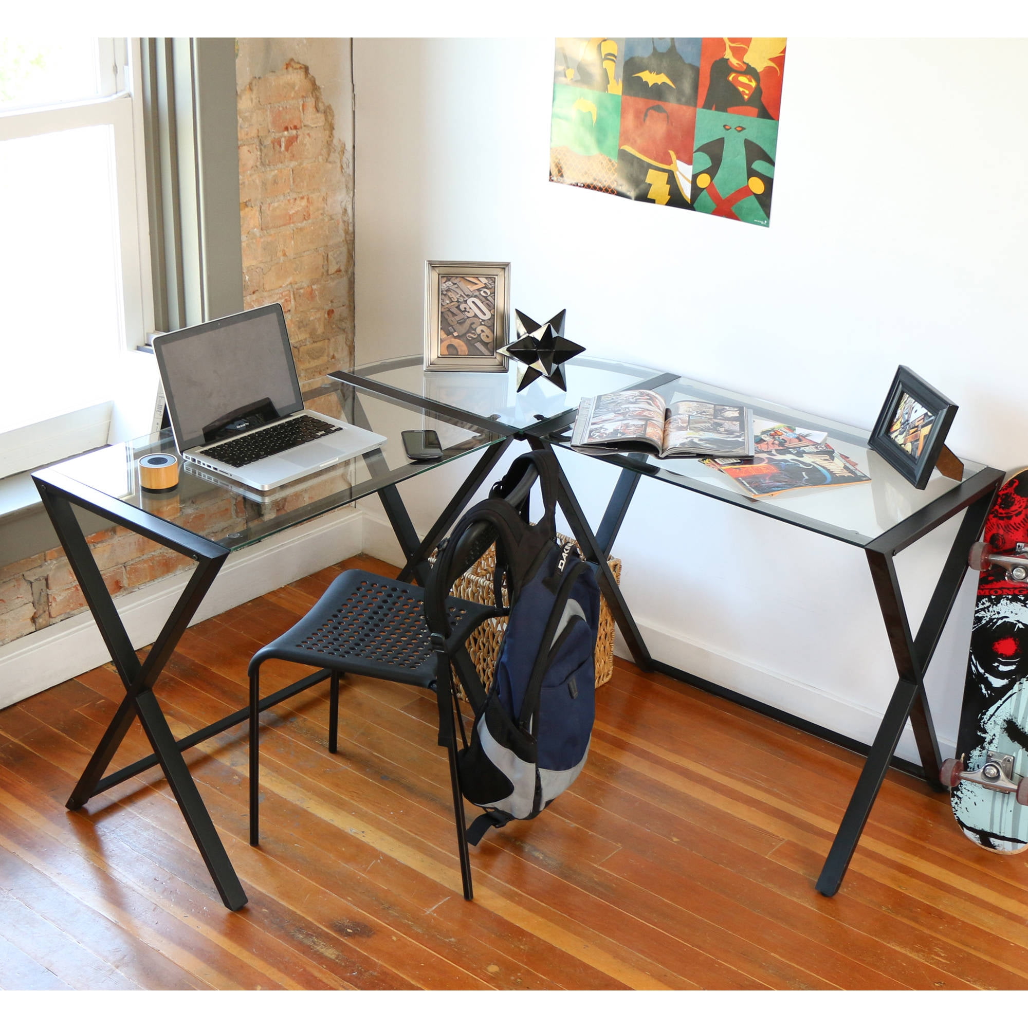 Modern Glass and Metal X-Frame L-Shaped Corner Computer Desk by Manor ...