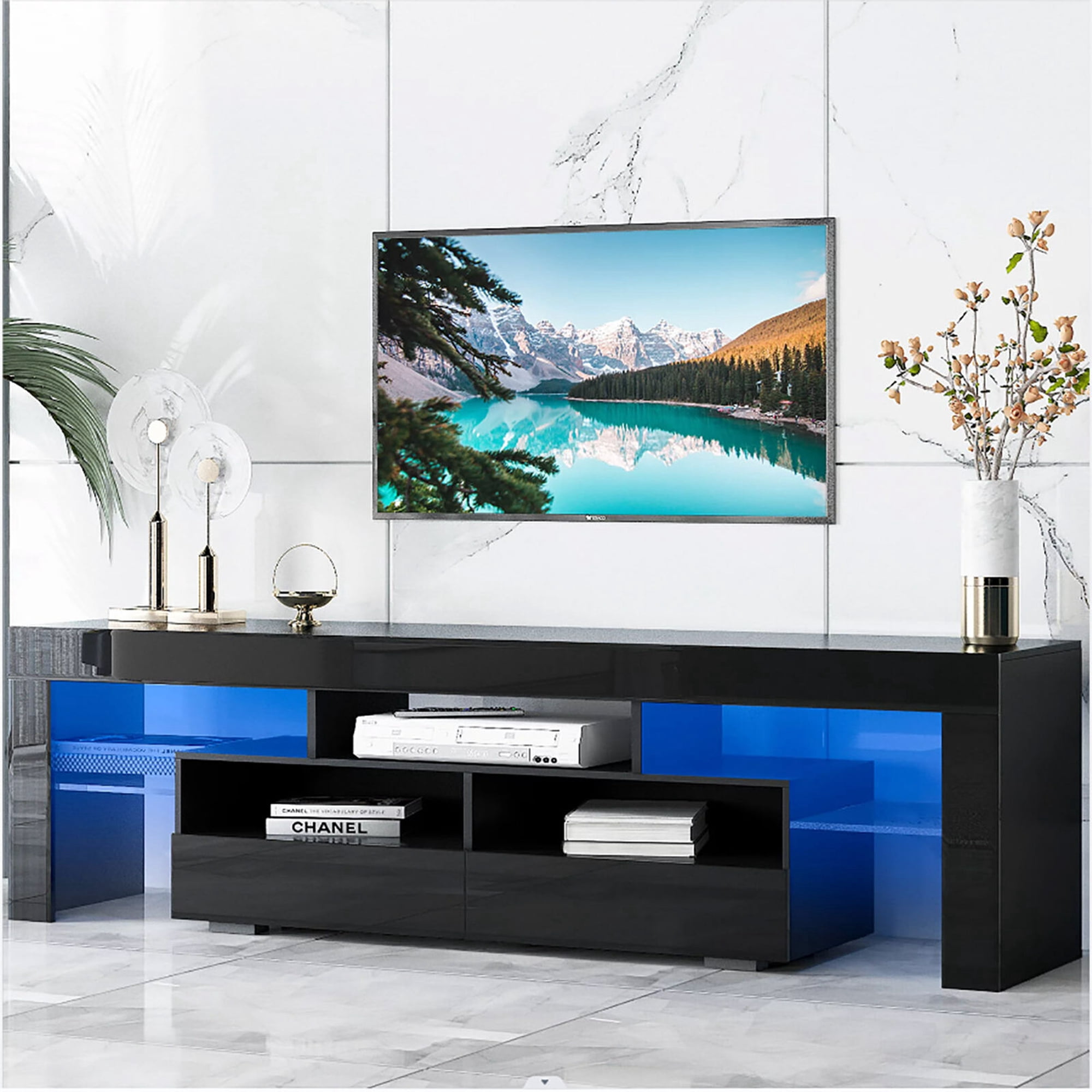 Modern Glossy TV Stand LED Entertainment Unit Console Media Table for ...