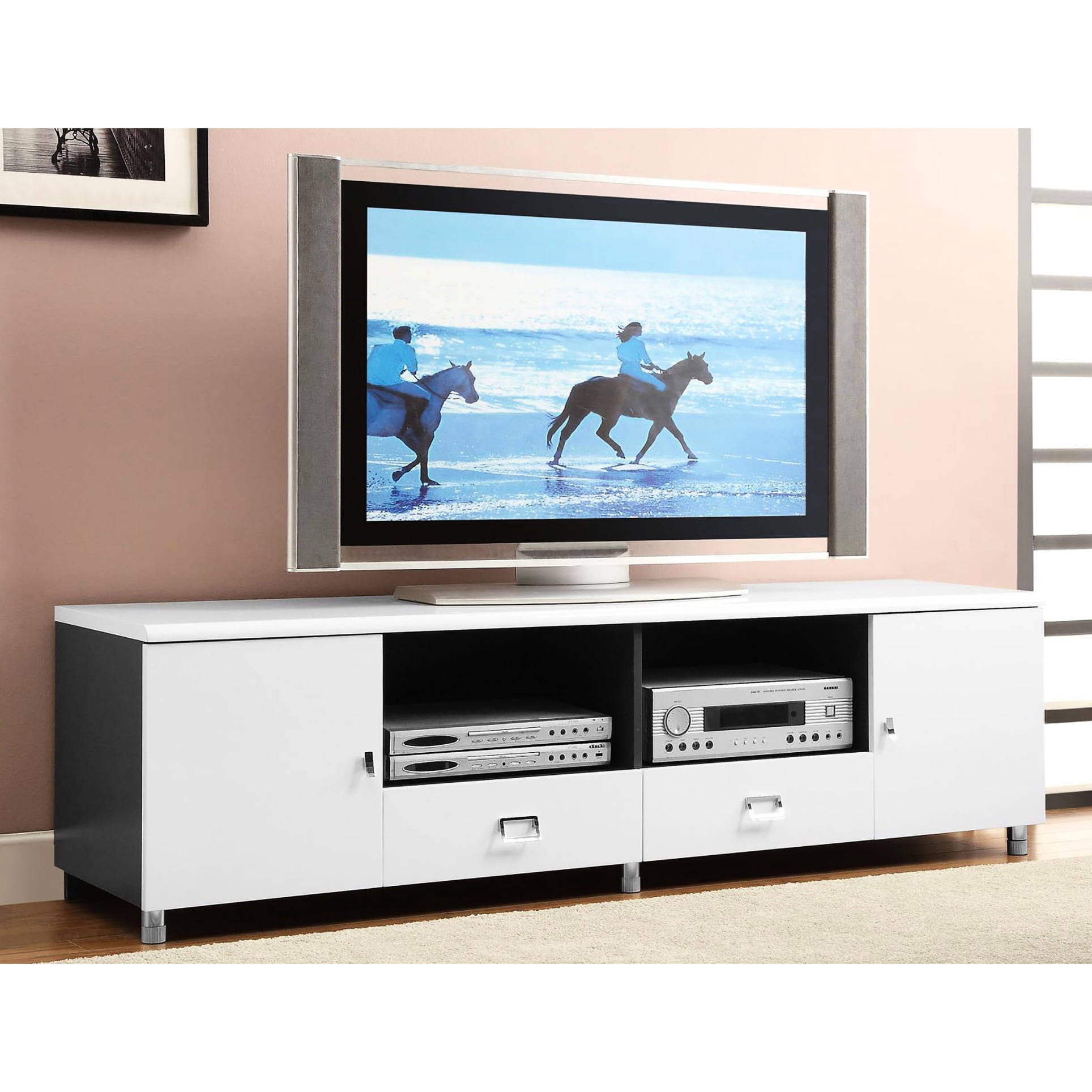 Modern Glossy White And Grey Tv Cabinet, 69.6-inch Wide With Storage ...