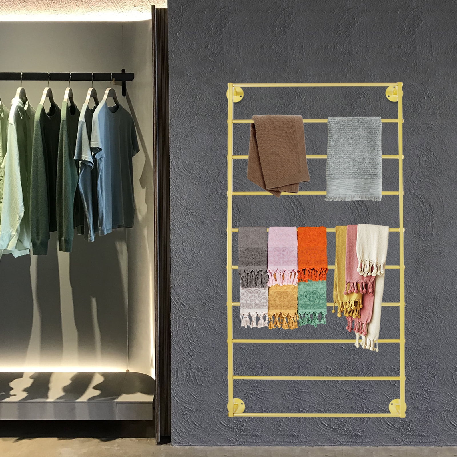 Modern Gold 10 Tiers Wall Mounted Scarf Rack, Wall Mount Towels Storage ...