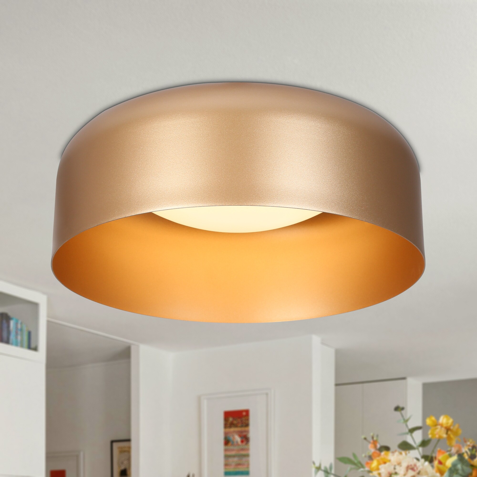 Modern Gold 14" Drum Shape LED Flush Mount Foyer Ceiling Lights - 14" D ...