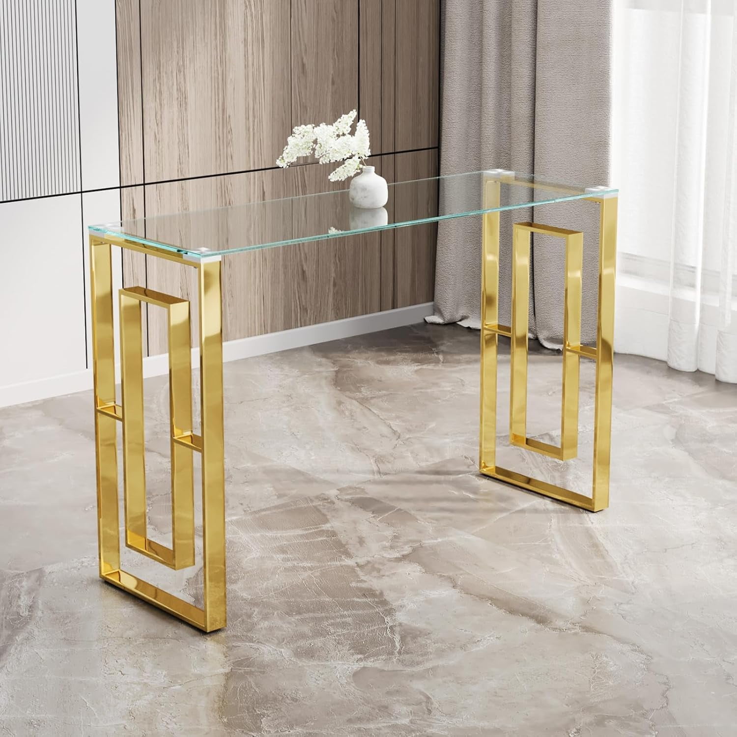 Modern Gold Glass Console Table 47.2" Rectangular Glass Entryway Table ...