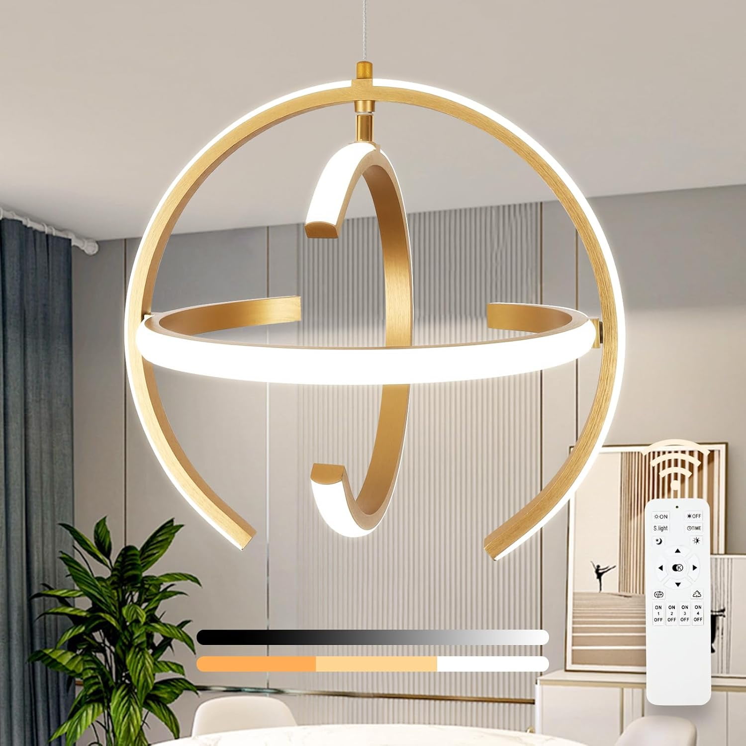 Modern Gold LED Chandelier, Dimmable Metal Brushed Globe Pendant Lights ...