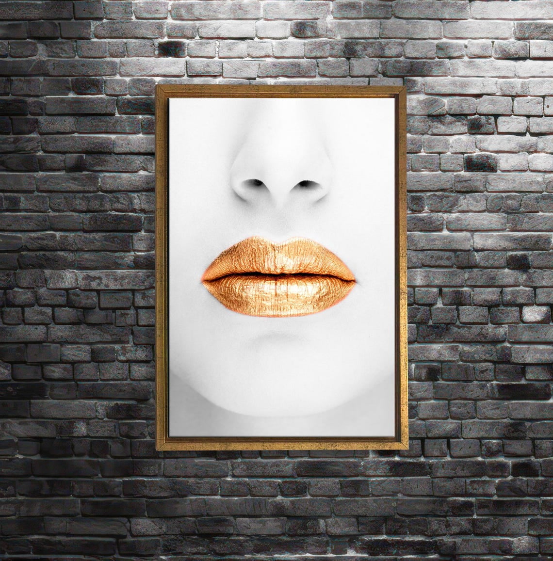 Modern Gold Lips Wall Art, Minimal Face Poster, Glam Fashion Poster ...