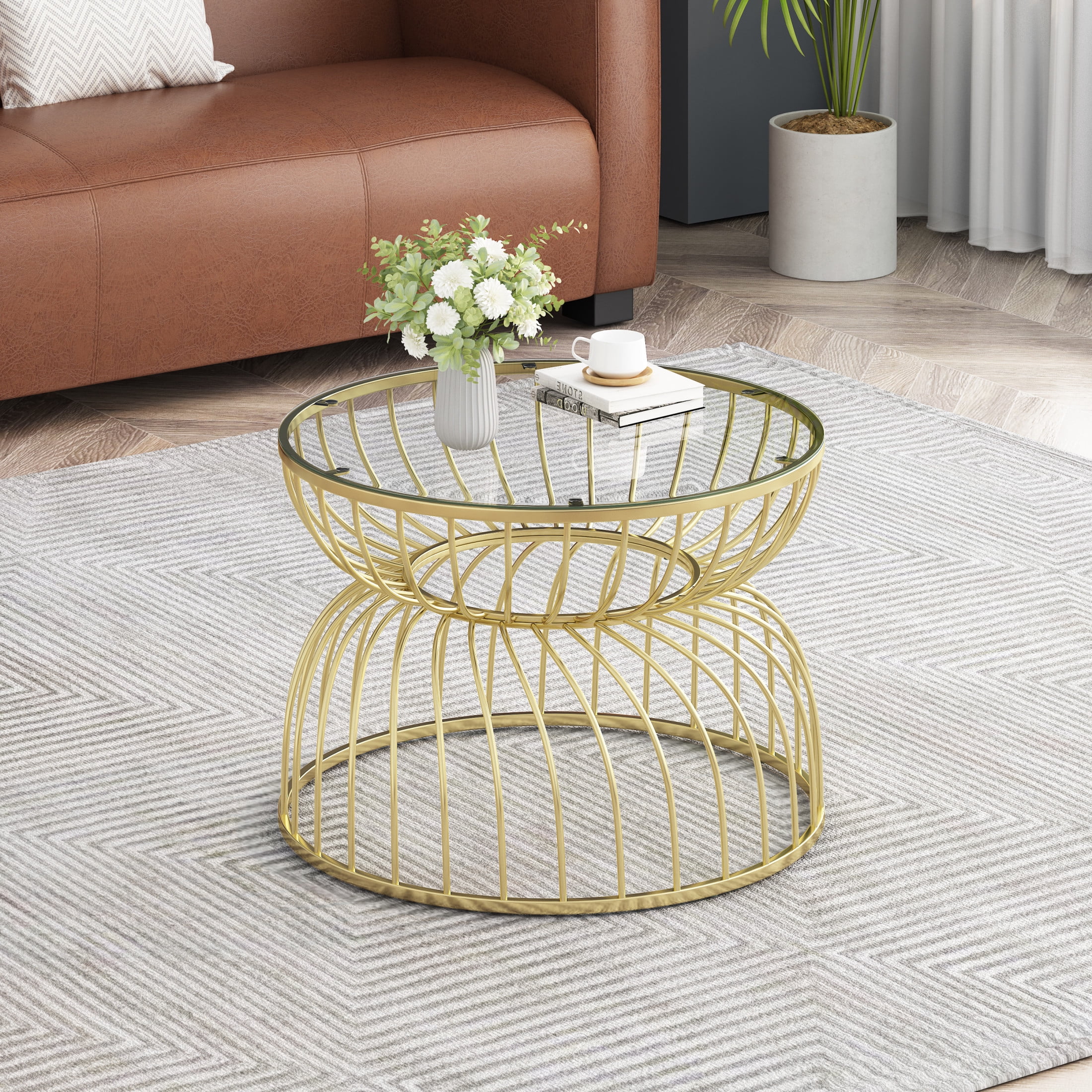 Modern Gold Metal Coffee Table with Clear Tempered Glass Top - Walmart.com
