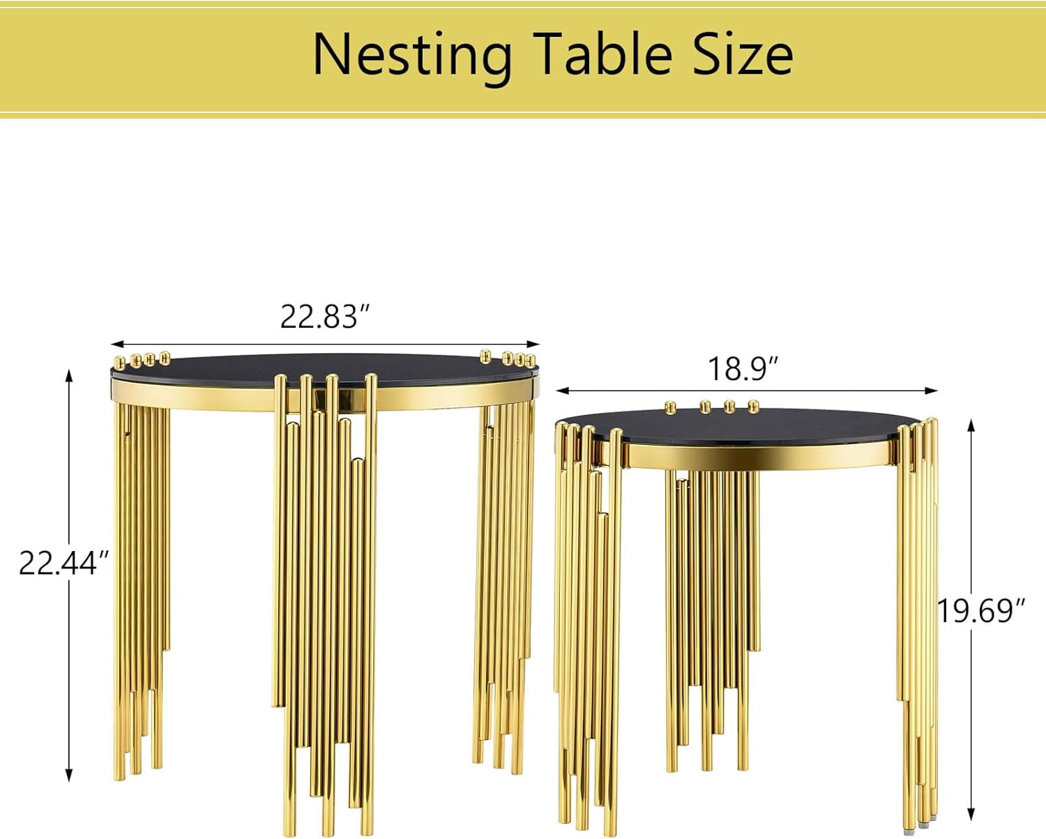 Modern Gold Nesting End Table 2-Piece Set with Black Glass Top and ...
