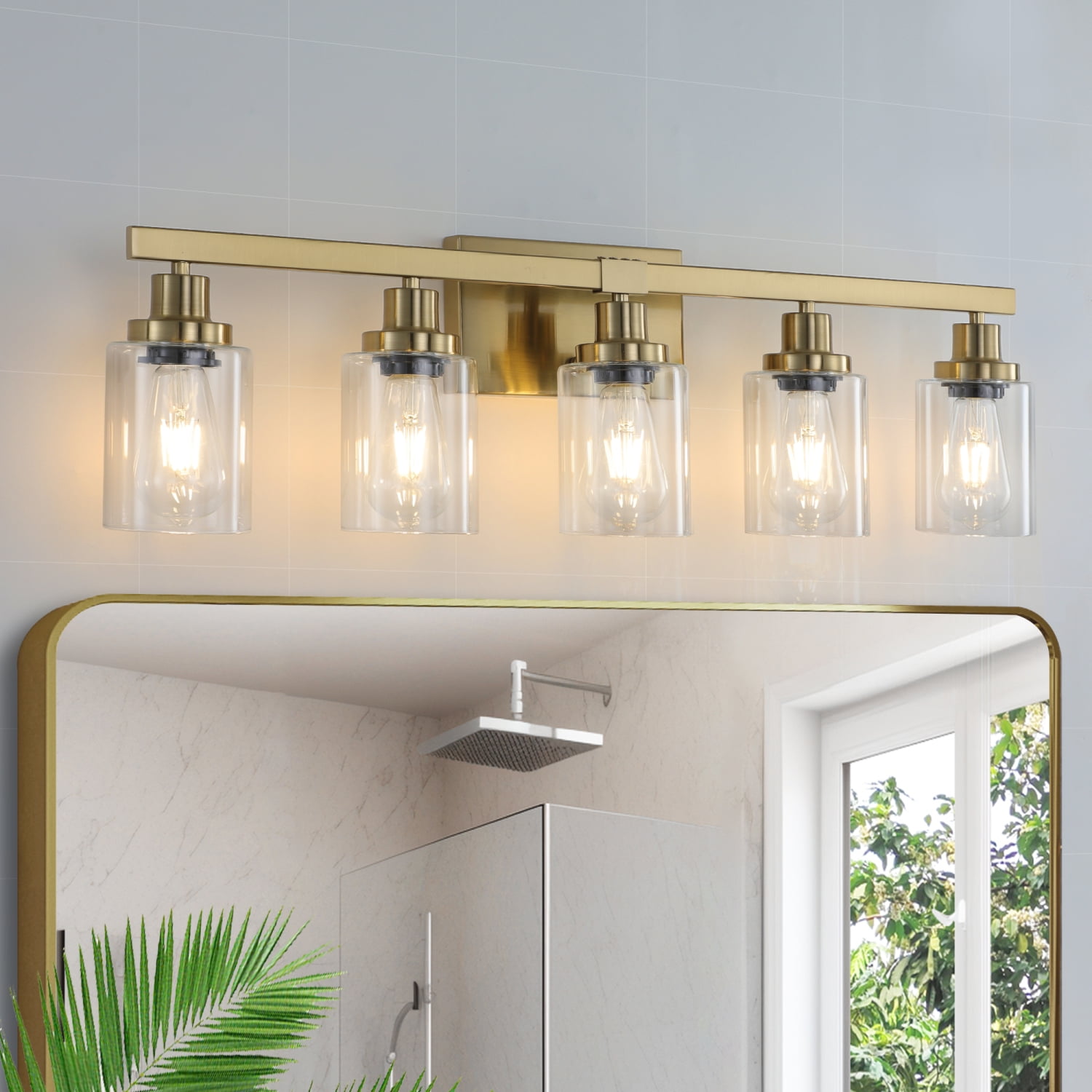 Modern Golden 5-Light Vanity Light with Clear Glass Shades for Bathroom ...