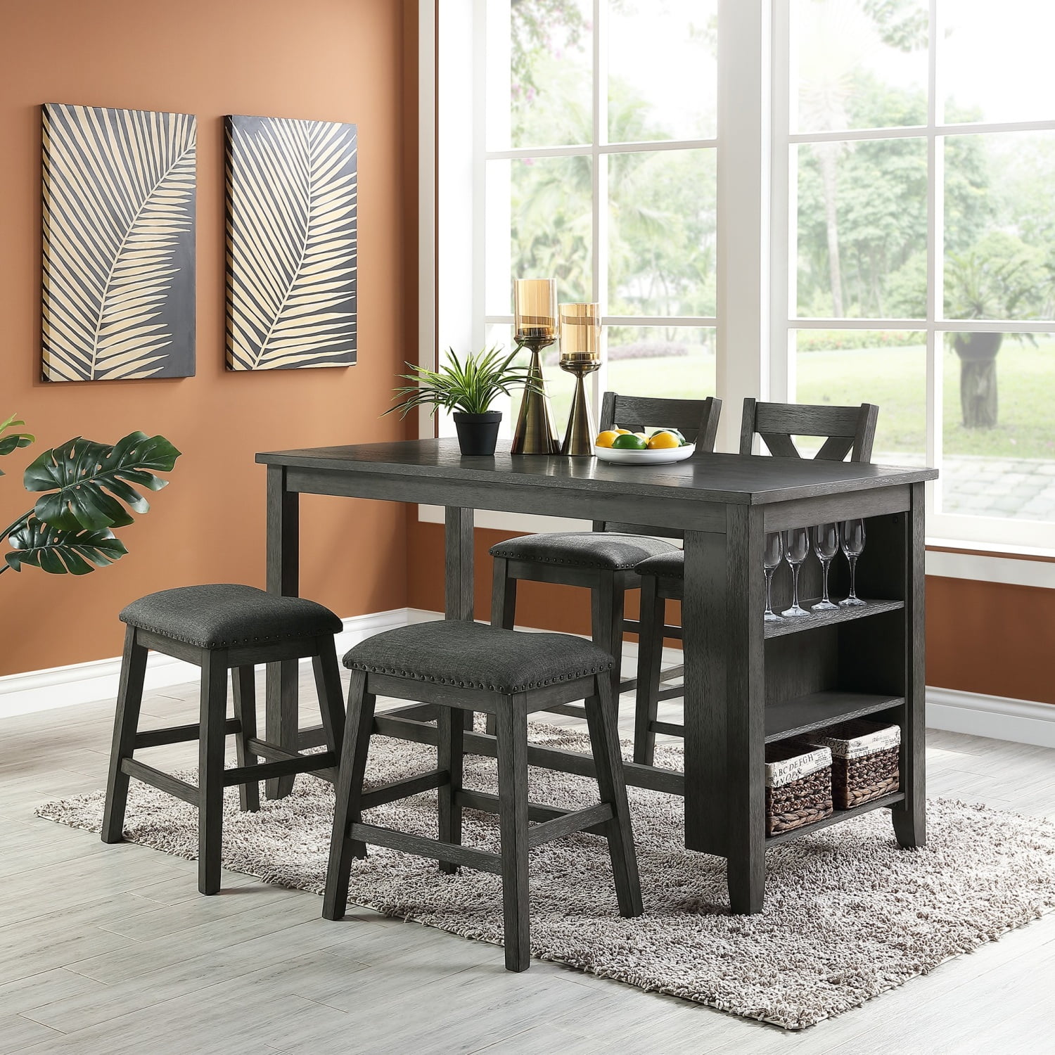 Modern Gray 5pc Counter Height Dining Set with Shelves High Chairs ...