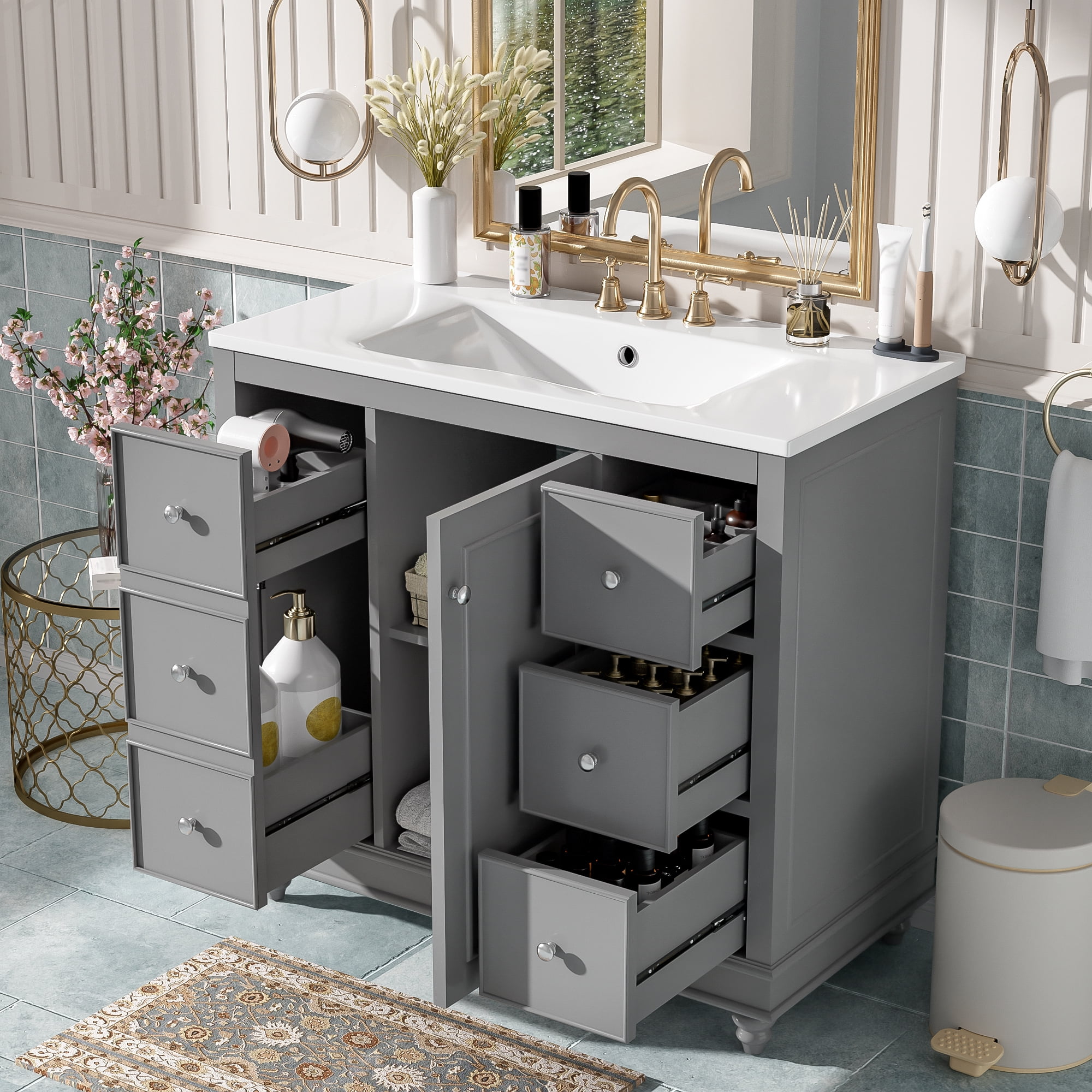 Modern Gray Bathroom Vanity with Ceramic Sink Combo – 36x18.3x34.1 ...