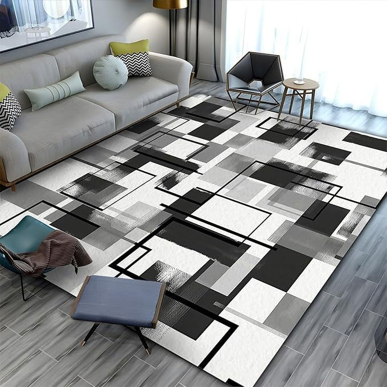 Modern Gray Black White Color Blocks Washable Rug Geometry Patchwork ...