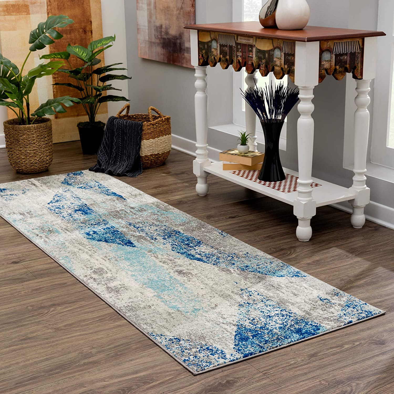 Modern Gray Blue Runner - Contemporary Abstract 8 Ft Runner For ...