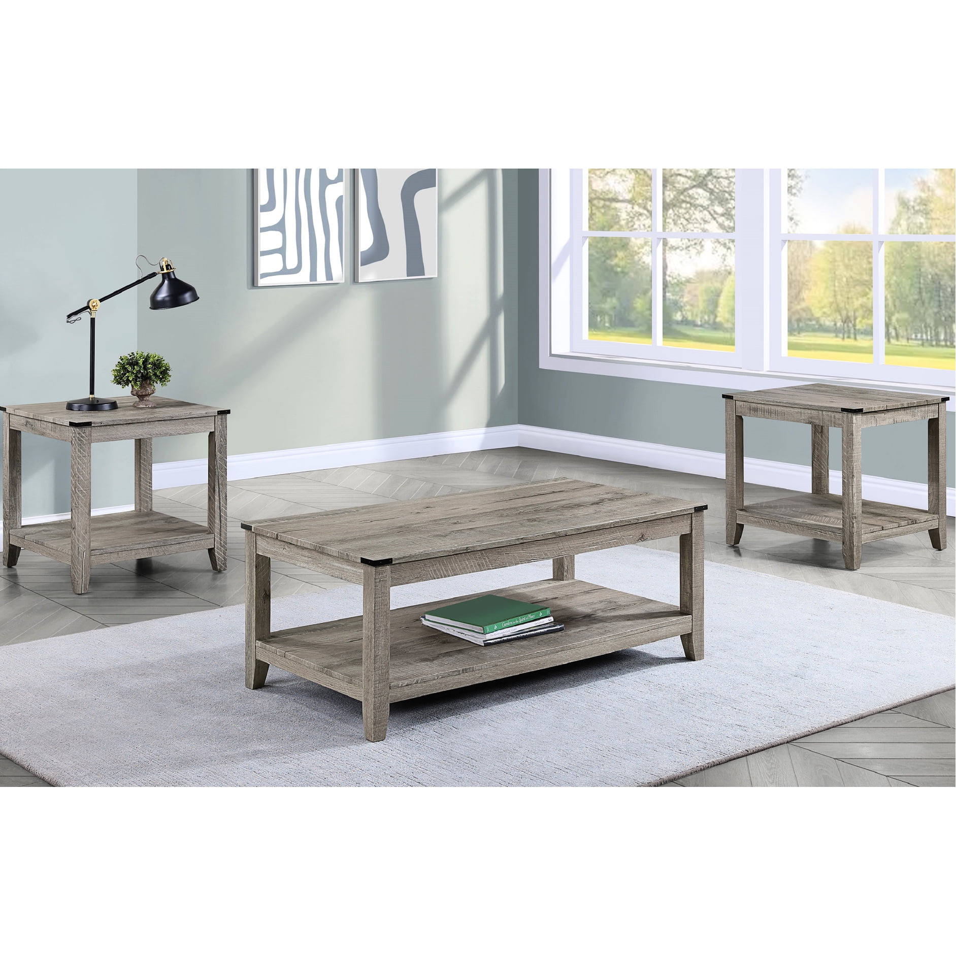 Modern Gray Brown Wooden Table : Rectangular Coffee & 2 Square End ...