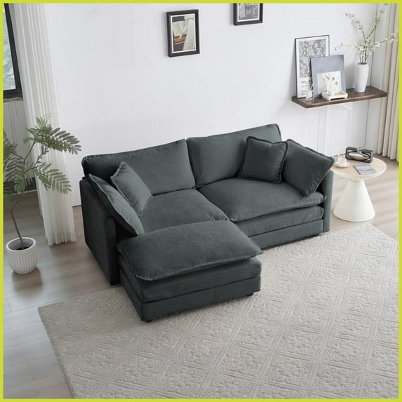 Modern Gray Chenille 2-Seater L-Shaped Sectional Sofa with Ottoman for ...