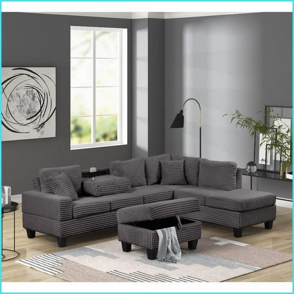 Modern Gray Corduroy Recliner Sectional Sofa with Storage Ottoman ...