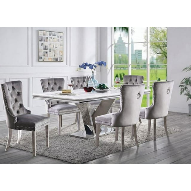 Modern Gray Dining Table Stainless Steel Faux Marble VALDEVERS CM3284T ...