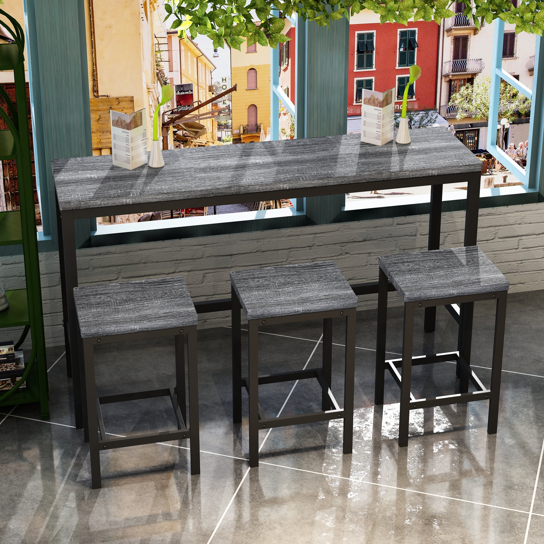 Modern Gray Dining Table Three Stool - Materials, Space For 3 Metal ...