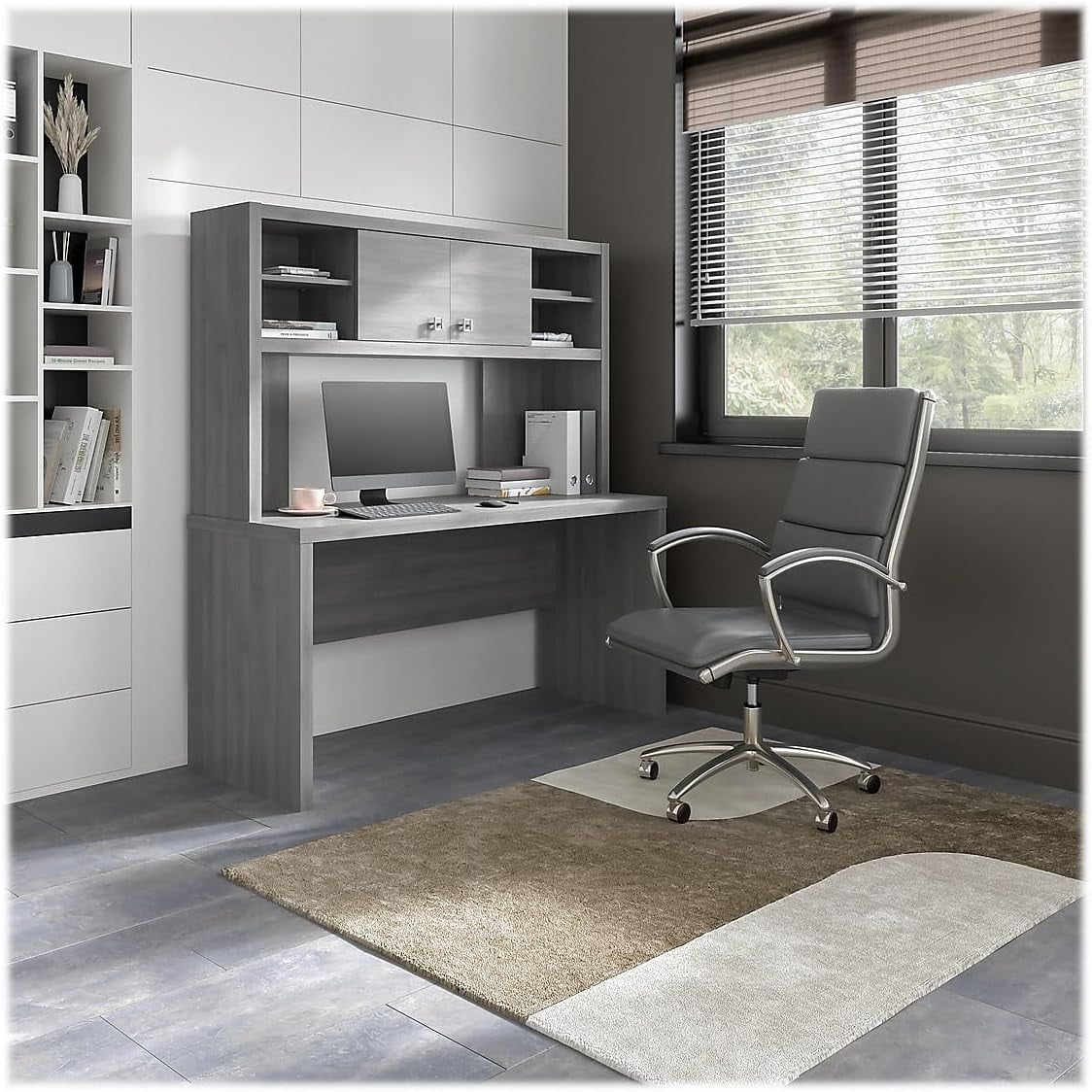 Modern Gray Ergonomic Computer Desk with Hutch - Space-Saving Office ...