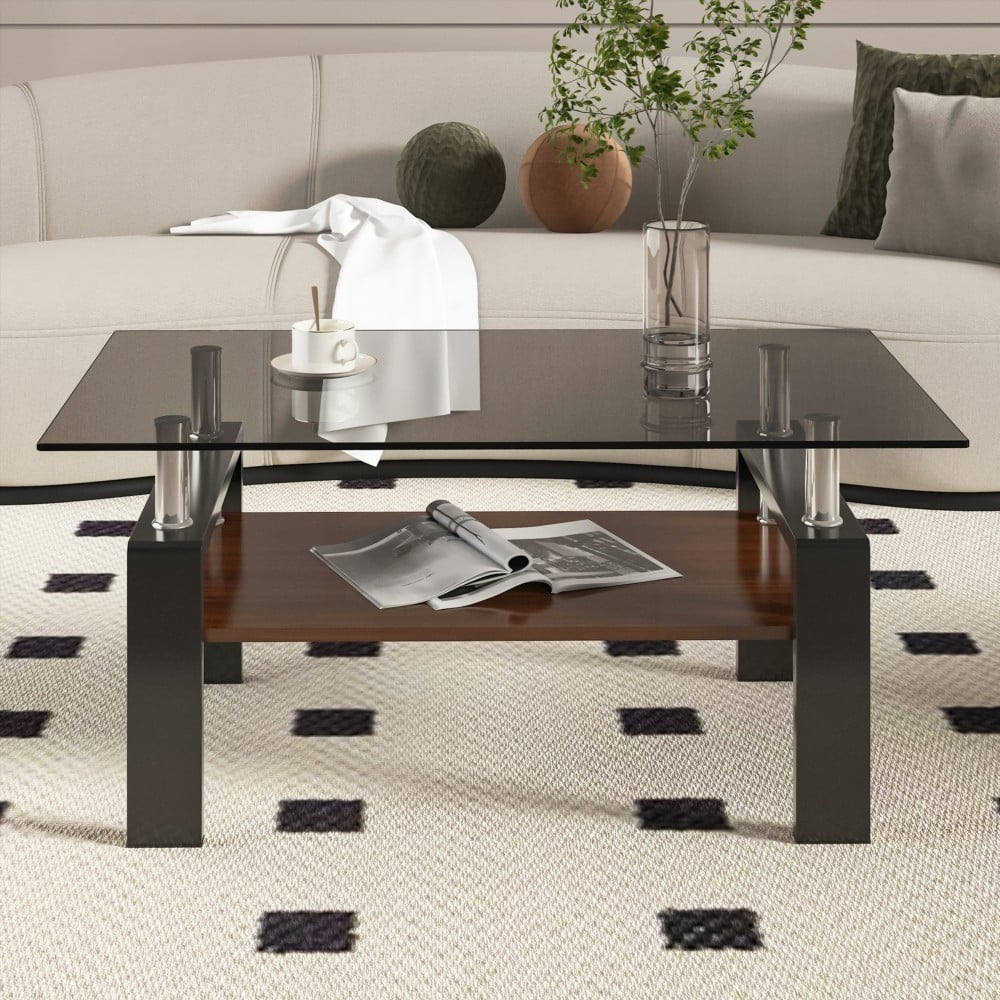 Modern Gray Glass Coffee Table, 220lbs Load-bearing|Tempered Glass Top ...