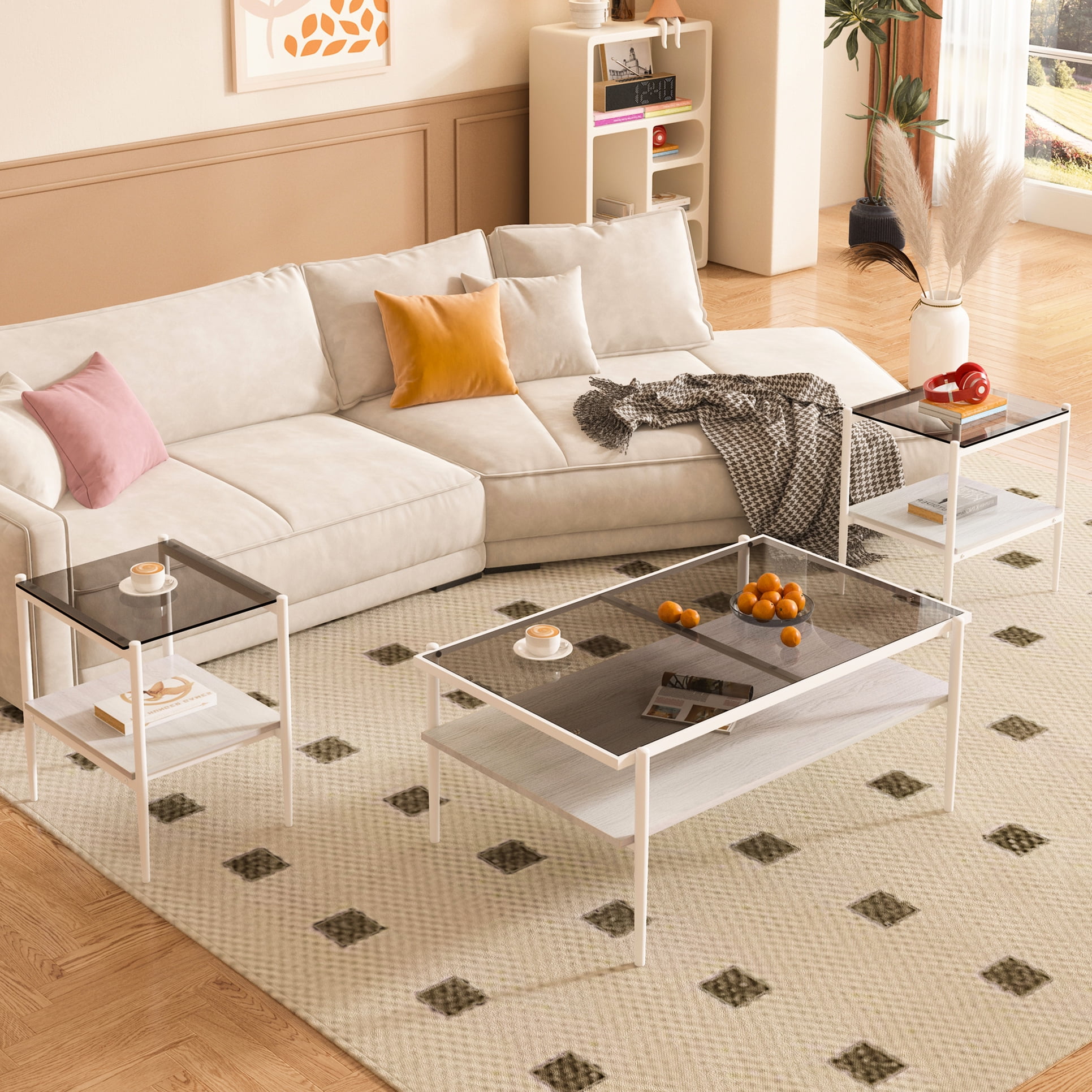 Modern Gray Glass Coffee Table And End Tables Of 3 With For Living Room ...