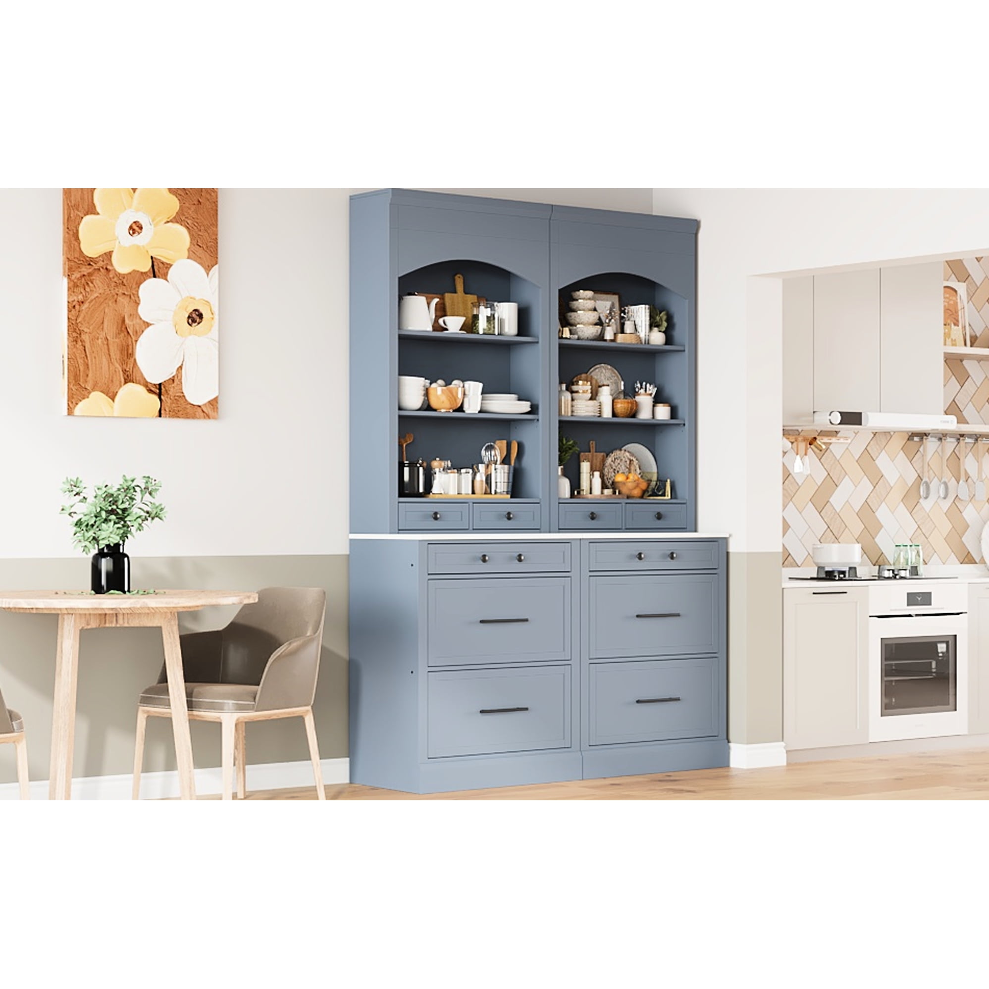 Modern Gray Kitchen Cupboard, 83.7inch High, Of 2, Faux Marble ...