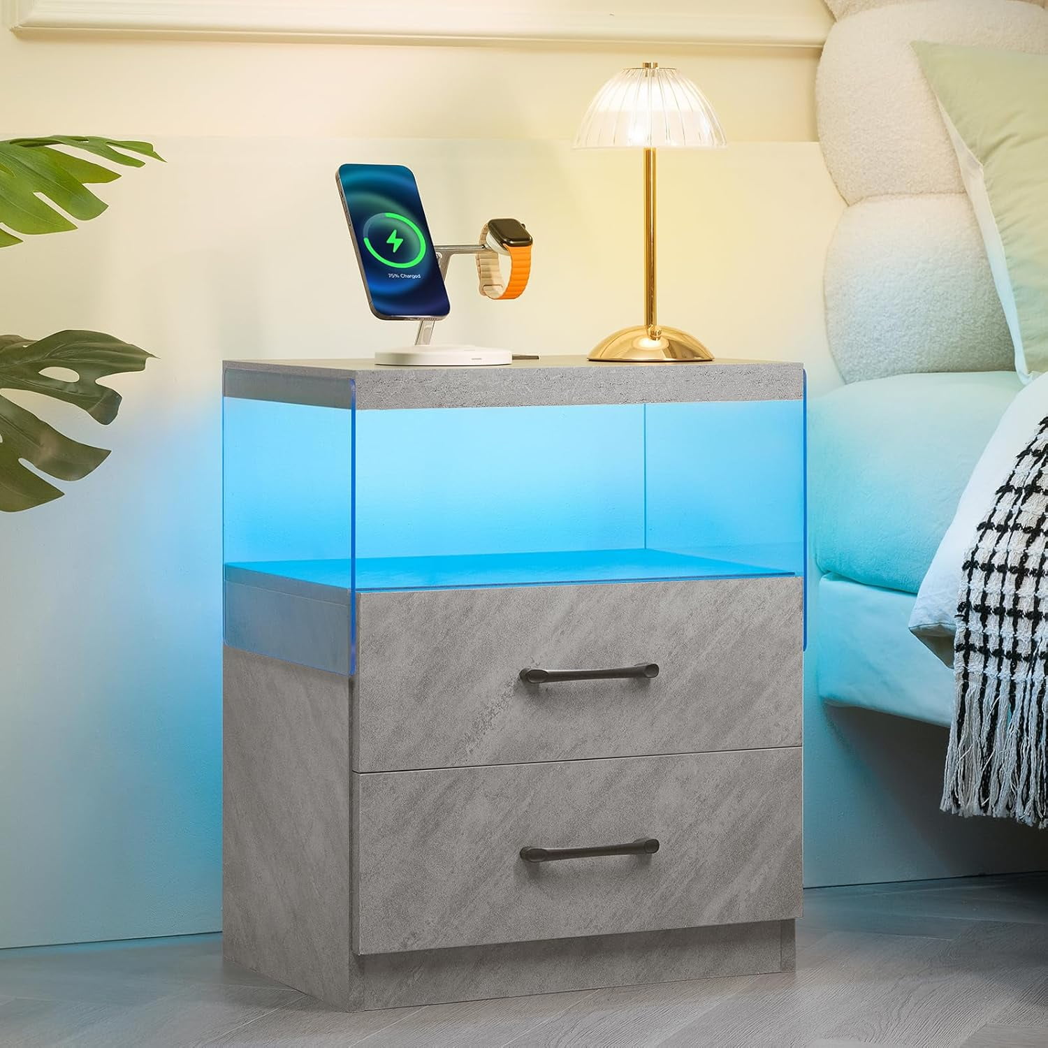 Modern Gray LED Nightstand with USB Charging Station, 2-Drawer Acrylic ...