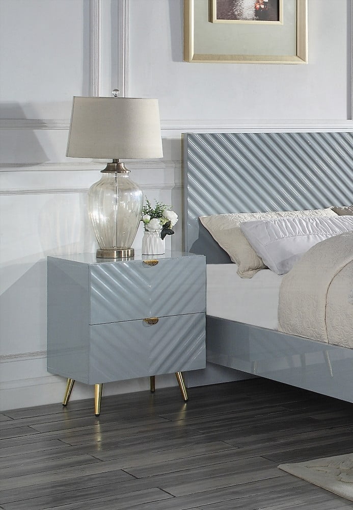 Modern Gray Nightstand Boasting Two Storage Drawers and Gold Metal Legs ...