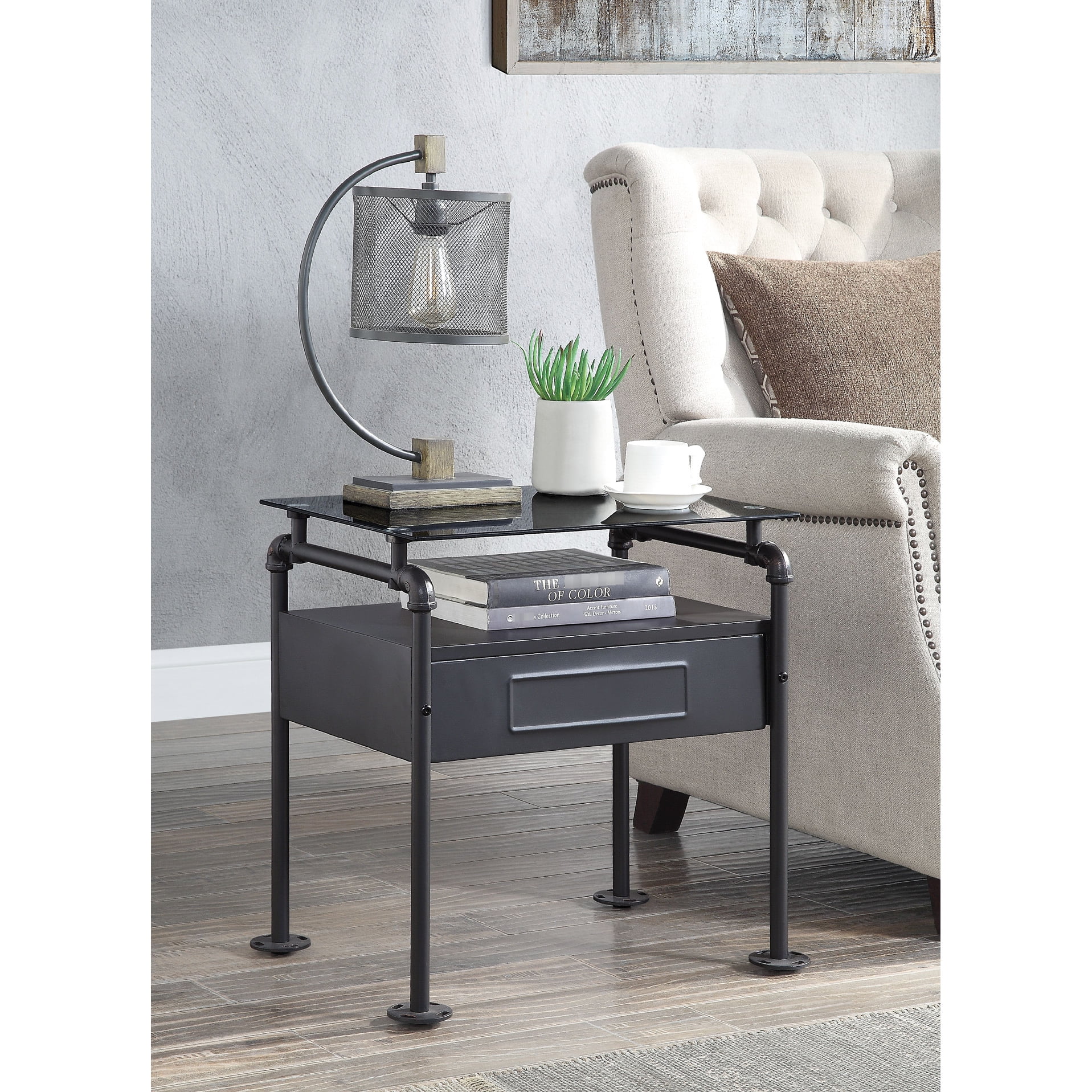 Modern Gray Nightstand With Functional Metal Drawer System In Elegant ...