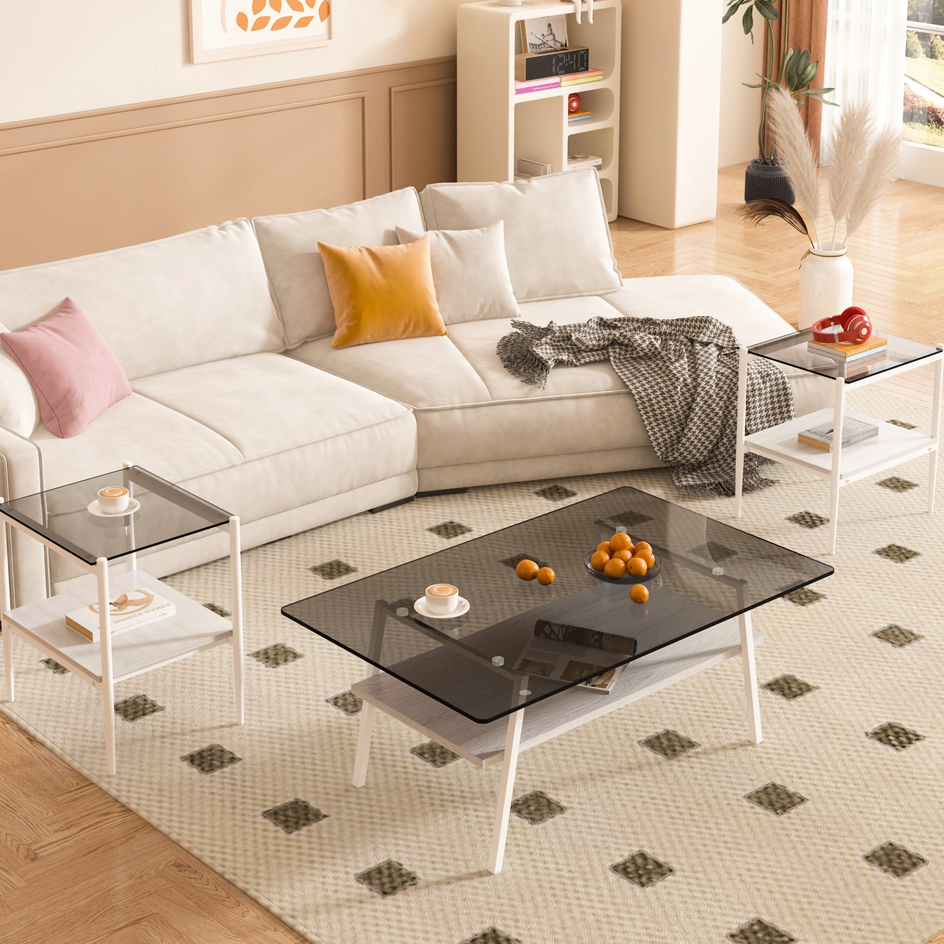Modern Gray Tempered Glass Coffee Table And 2 End Tables, Layered ...