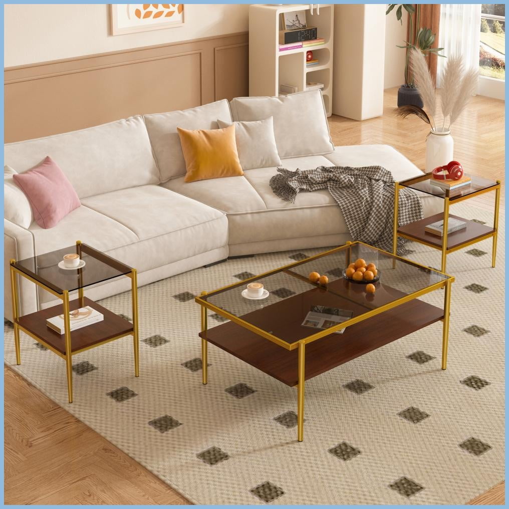 Modern Gray Tempered Glass Coffee Table & End Tables Trio for Living ...