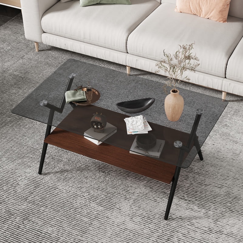 Modern Gray Tempered Glass Rectangle Coffee Table with Brown MDF Shelf ...