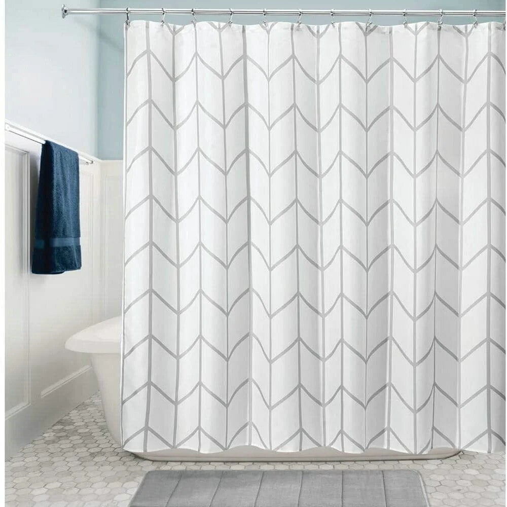 Modern Gray White Geometric Print Shower Curtain Buttonholes for Master Guest Bathroom Shower ...