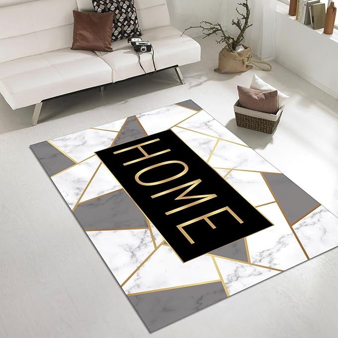 Modern Gray White Marble Area Rug, Gold Details Geometric Carpets For ...