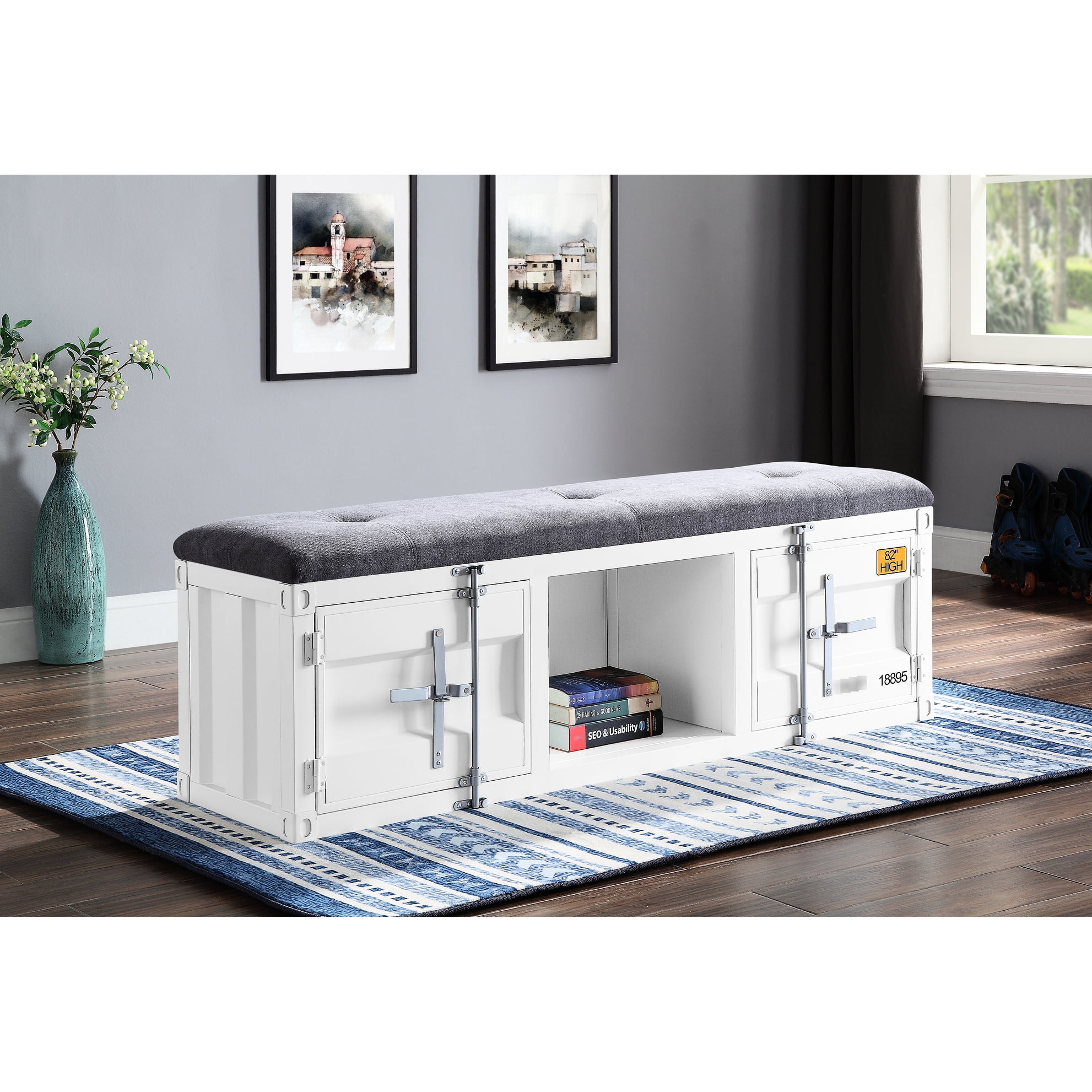 Modern Gray & White Storage Bench - Padded Seat For Enhanced Comfort ...